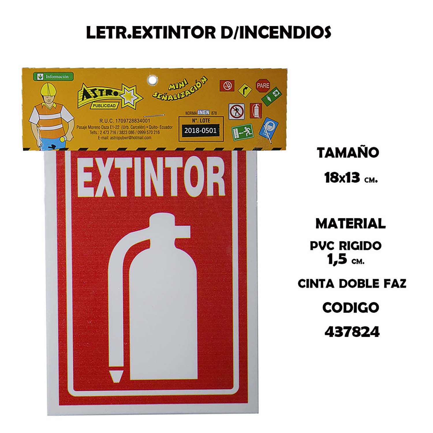 Letrero rígido de 18 cm x 13 cm con mensaje EXTINTOR DE INCENDIOS 1U ...