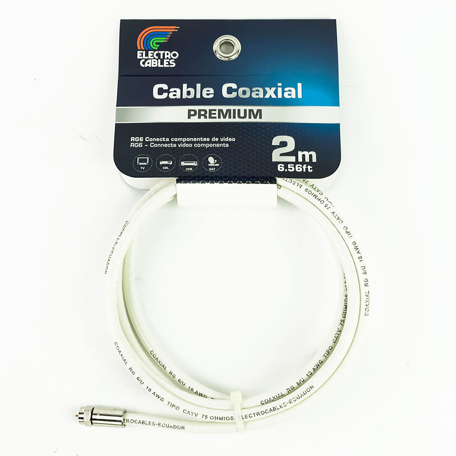 Cable coaxial blanco de 2 metros con terminales - ELECTROCABLES - Kywi