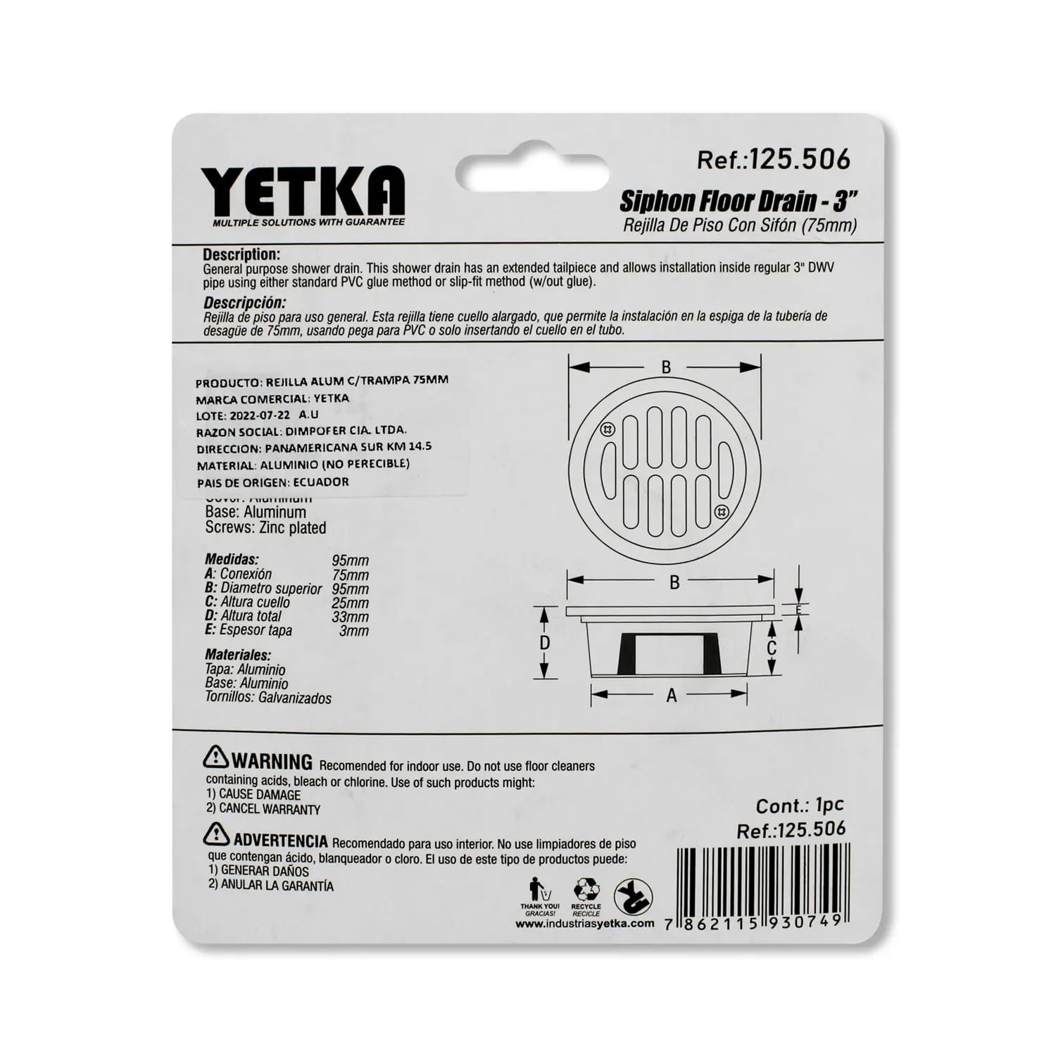 Rejilla C/Trampa De 75Mm Yetka - YETKA - Kywi