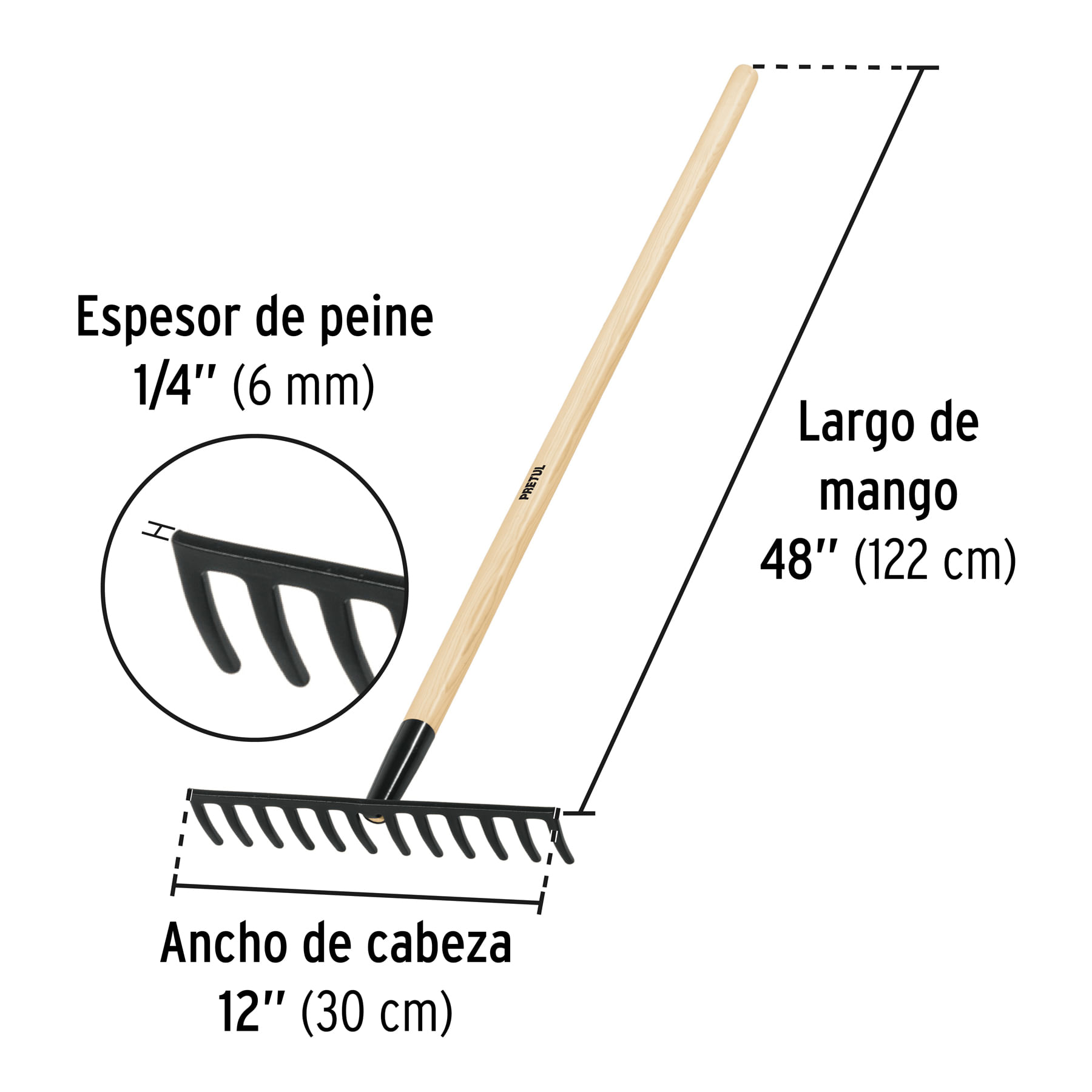 Rastrillo recto de 12" de 12 dientes con mango de madera de 48 ...