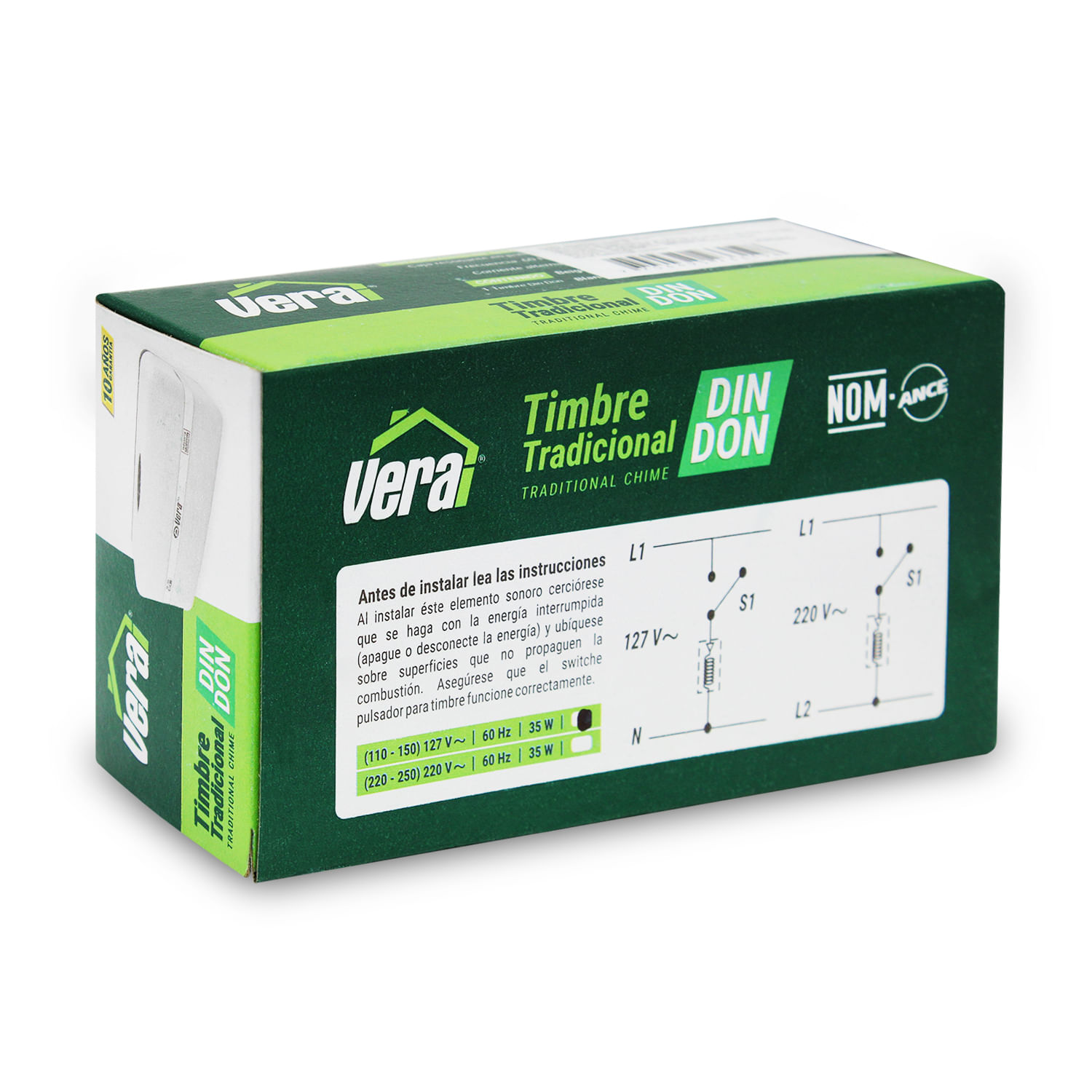 Timbre tradicional Din-Don de 110 V a 150 V, color blanco. - VERA