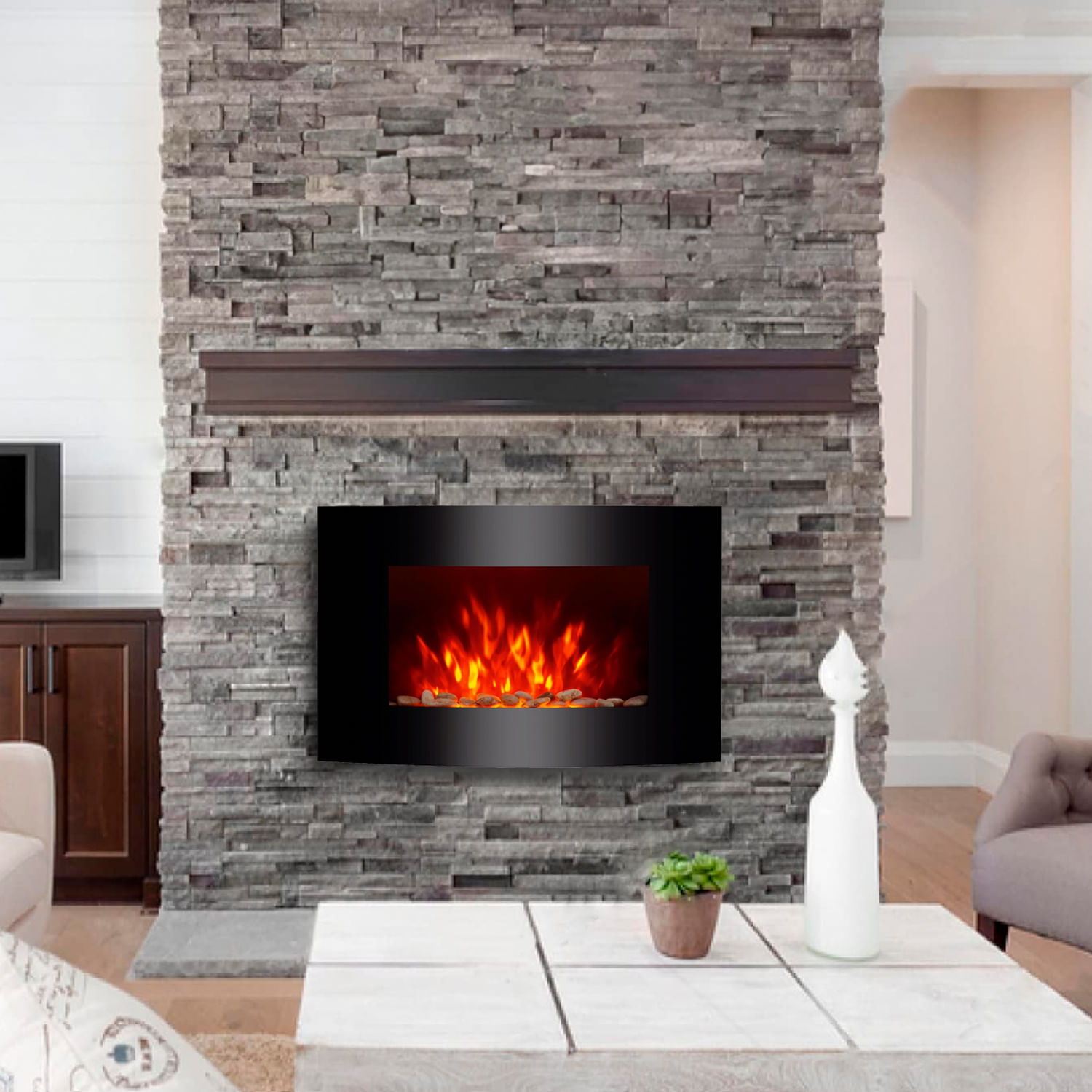 Chimenea de pared de 35 pulgadas con panel curvo. 750W a 1500W con ...