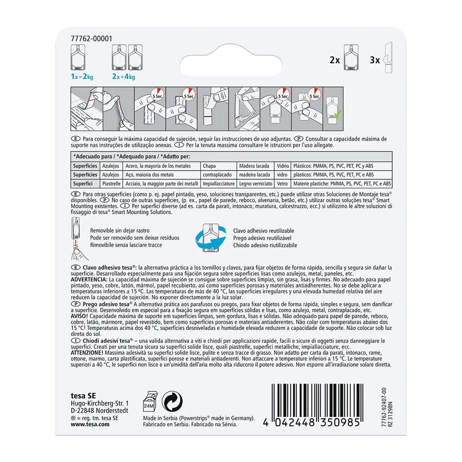 Clavo adhesivo para BALDOSA color blanco; 4,5 cm x 2,5 cm. - TESA