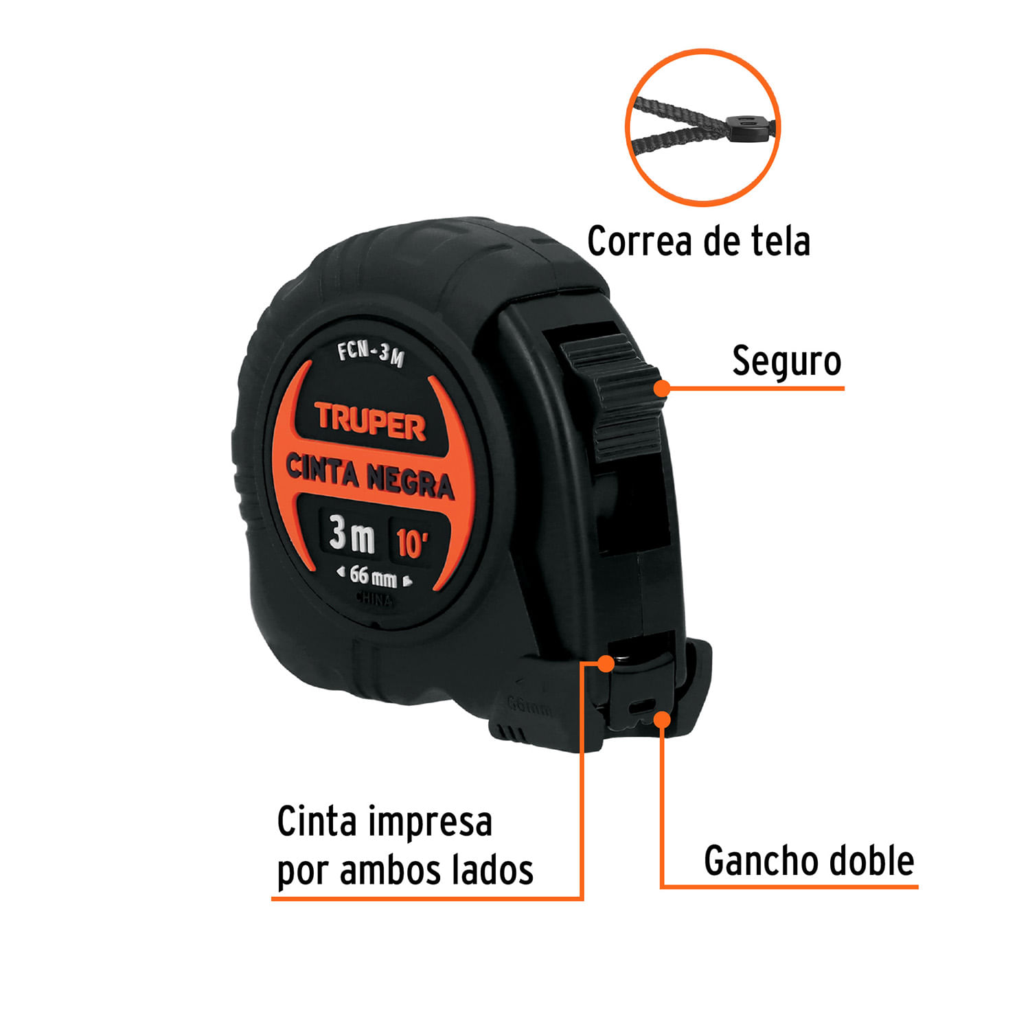 Flexómetro de 3m con cinta negra, contra impacto - TRUPER - Kywi