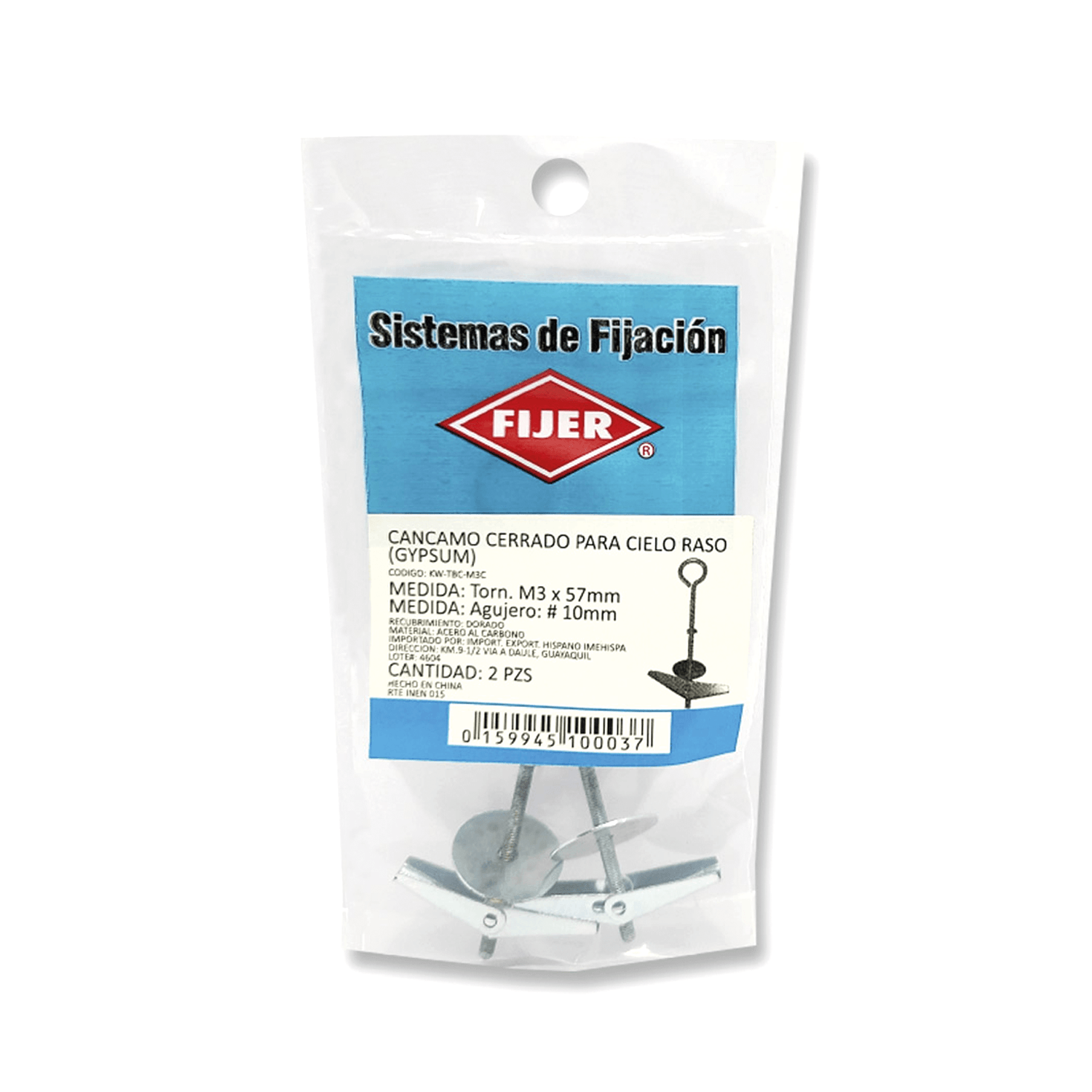Cáncamo cerrado M3 10 x 57 mm para Gypsum y Drywall. - FIJER