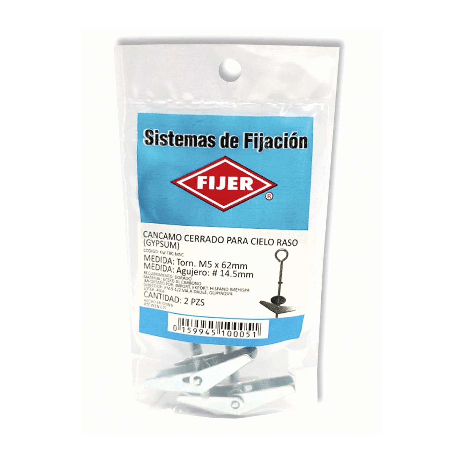 Cáncamo cerrado M5 14,5 x 62 mm para Gypsum y Drywall. - FIJER