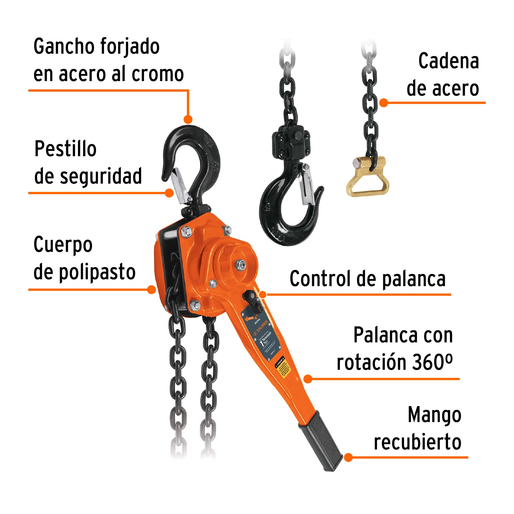 Tecle de palanca tipo racha, con cadena y 1t de capacidad - TRUPER - Kywi