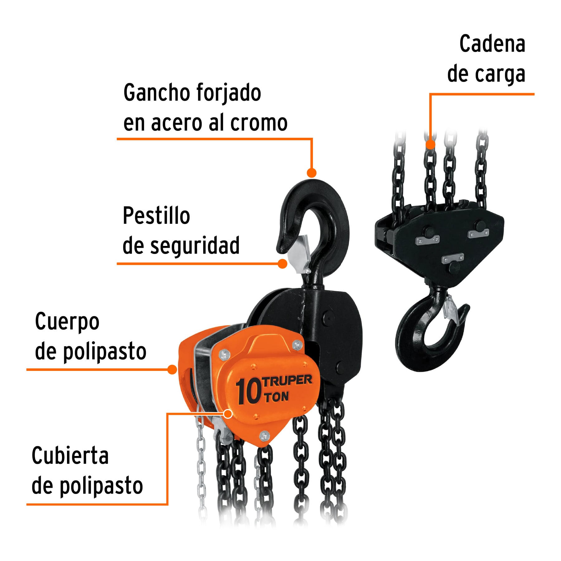 Tecle de cadena con 3m de levantamiento y 10t de capacidad, uso ...
