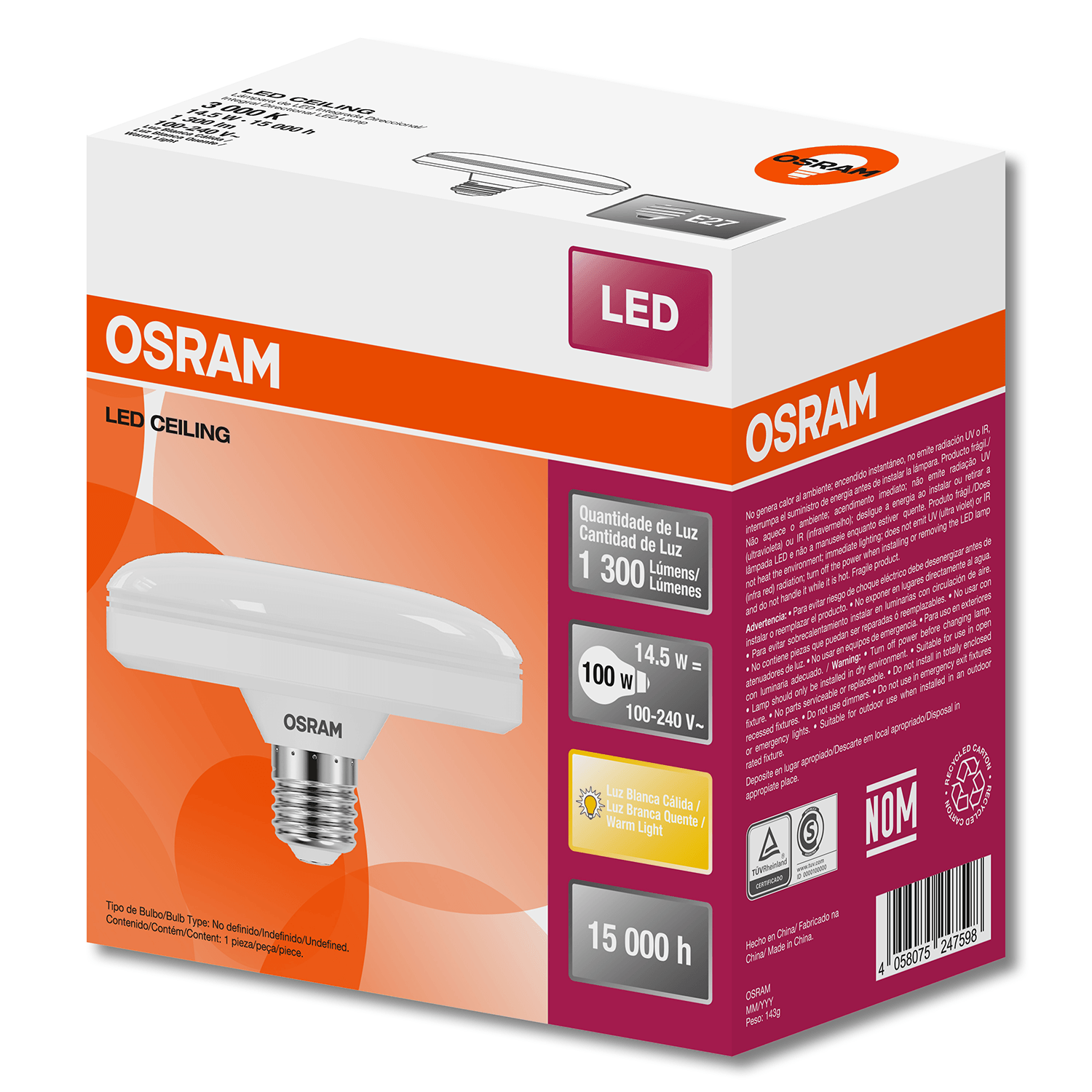 Foco LED CEILING de 14,5W con luz amarilla de 1300 lm y base E27 Medida ...