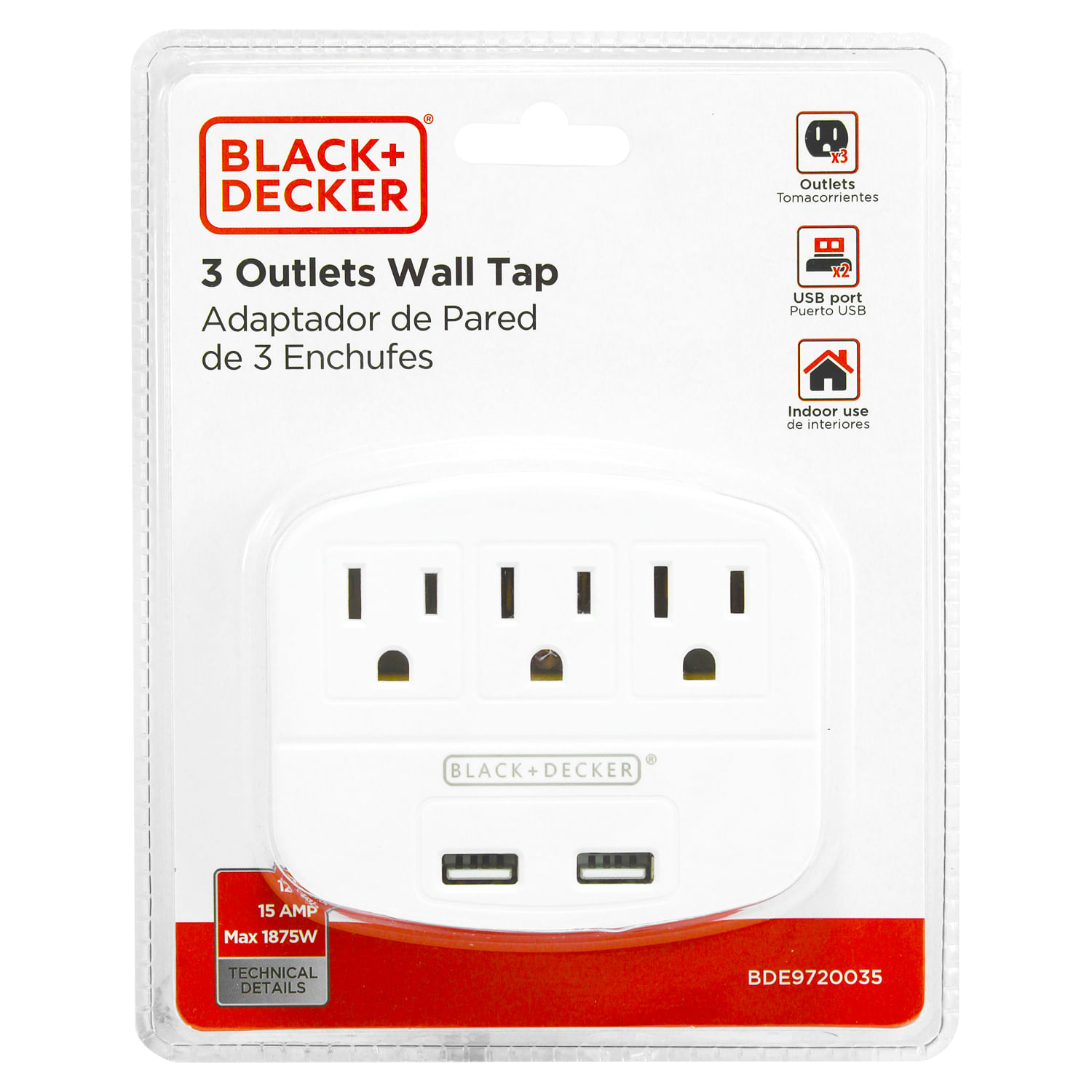 Multitoma de 3 salidas + 2 USB para pared con 125 V, 15 Amp y 1875 W de ...