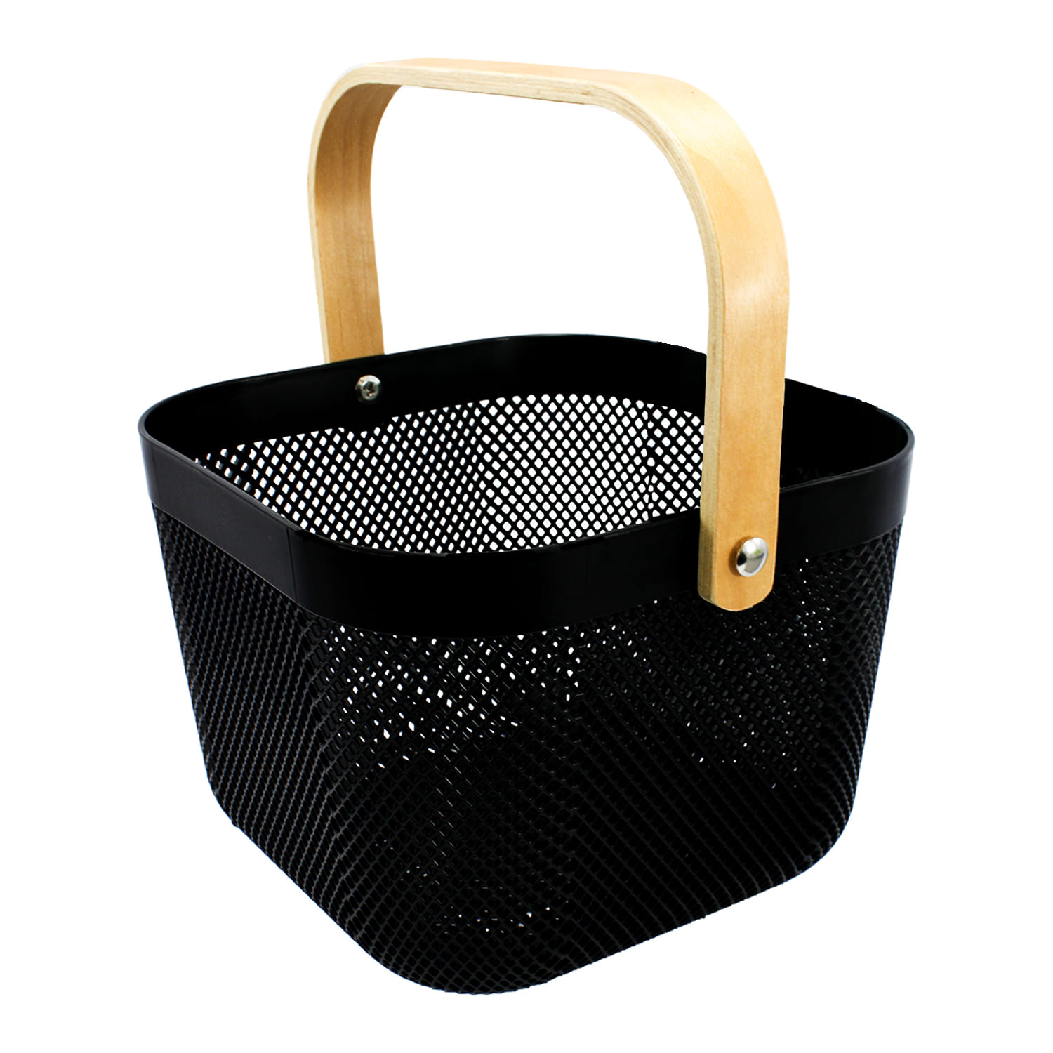 Canasta plástica negra pequeña con perforado en rombo, mangos de madera ...