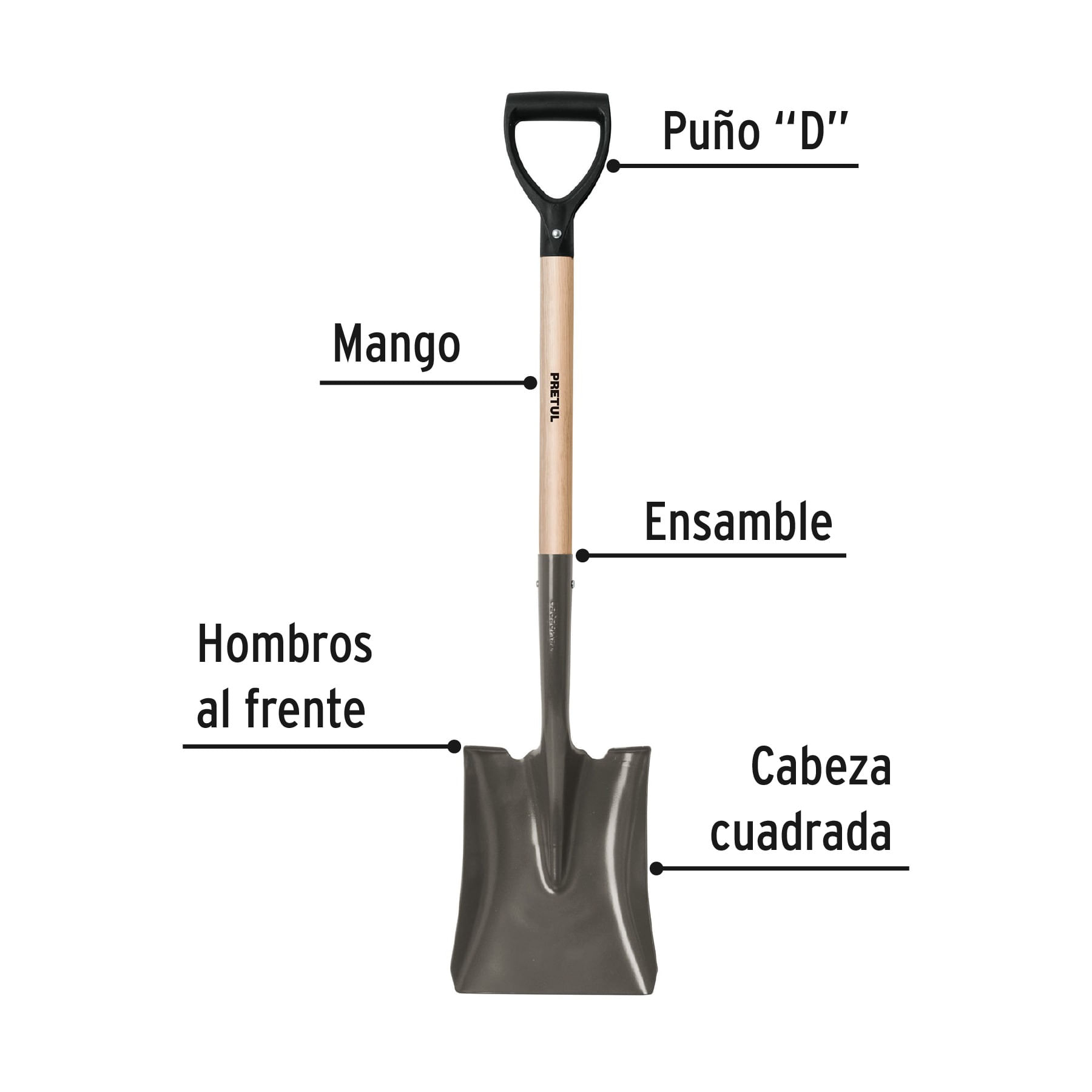 Pala cuadrada de 99 cm con cabeza de acero al carbono, mango de madera ...