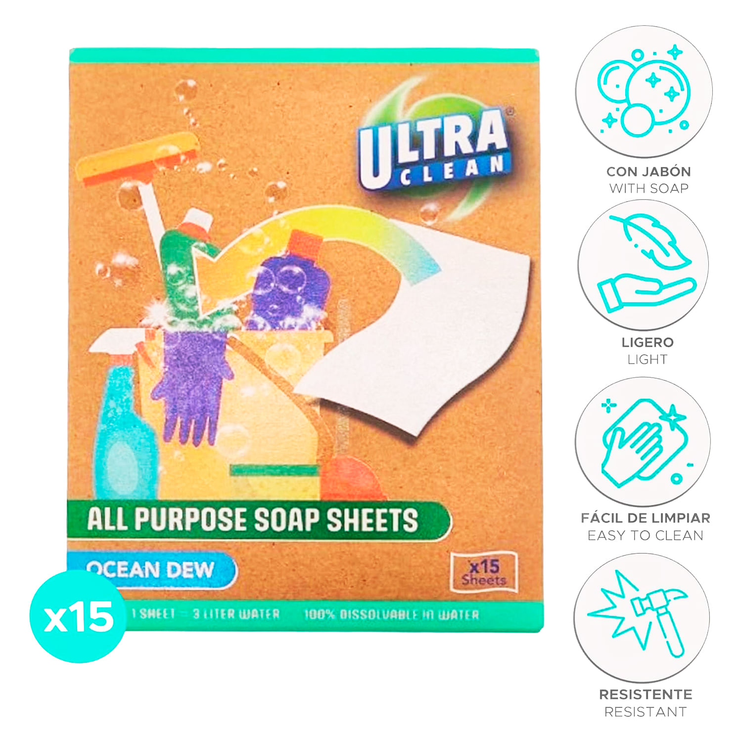 Hojas de jabón MULTIPROPOSITO, 15 unidades - ULTRA CLEAN - Kywi