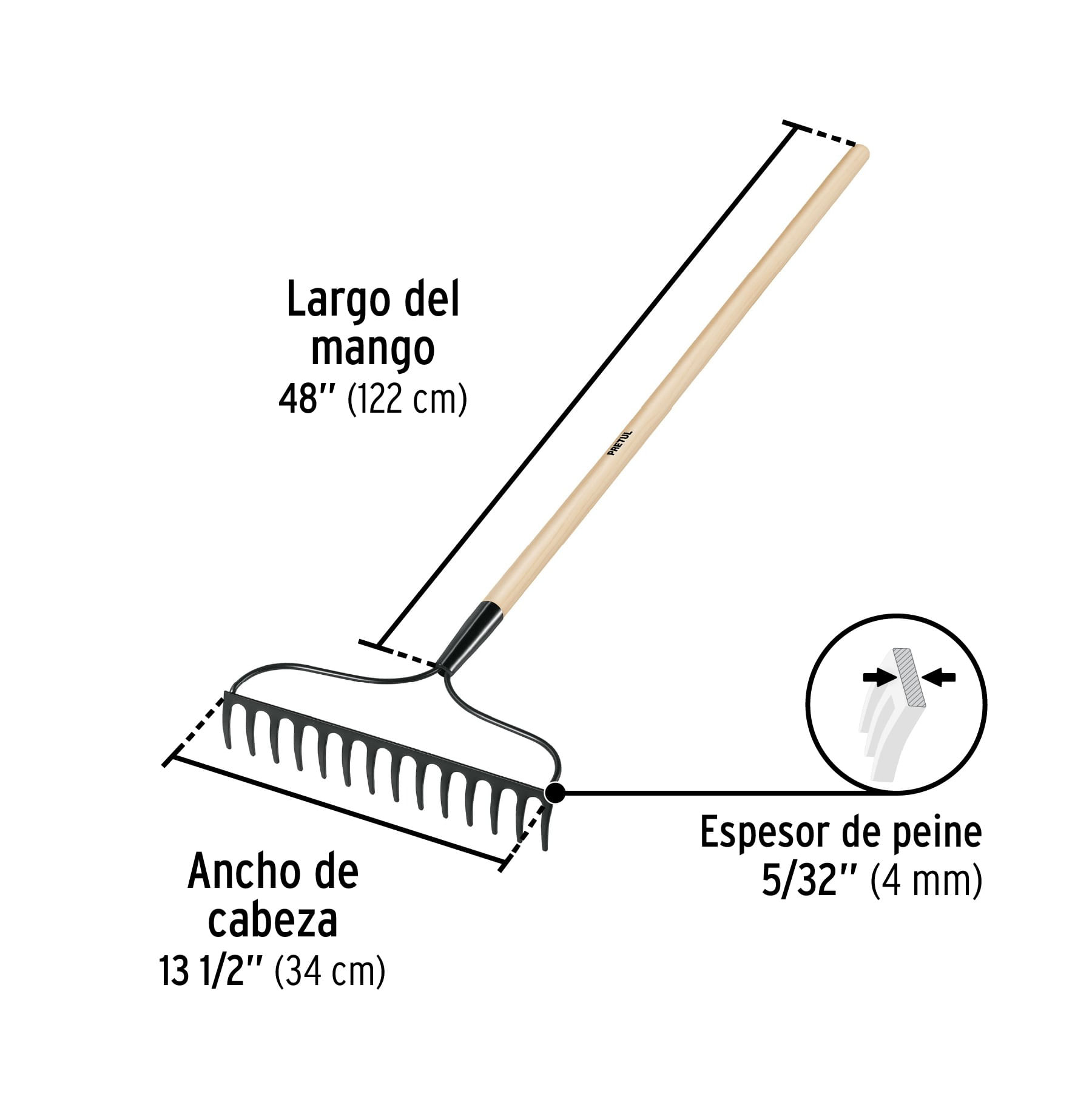 Rastrillo jardinero con cabeza de acero de 14 dientes y mango de madera ...