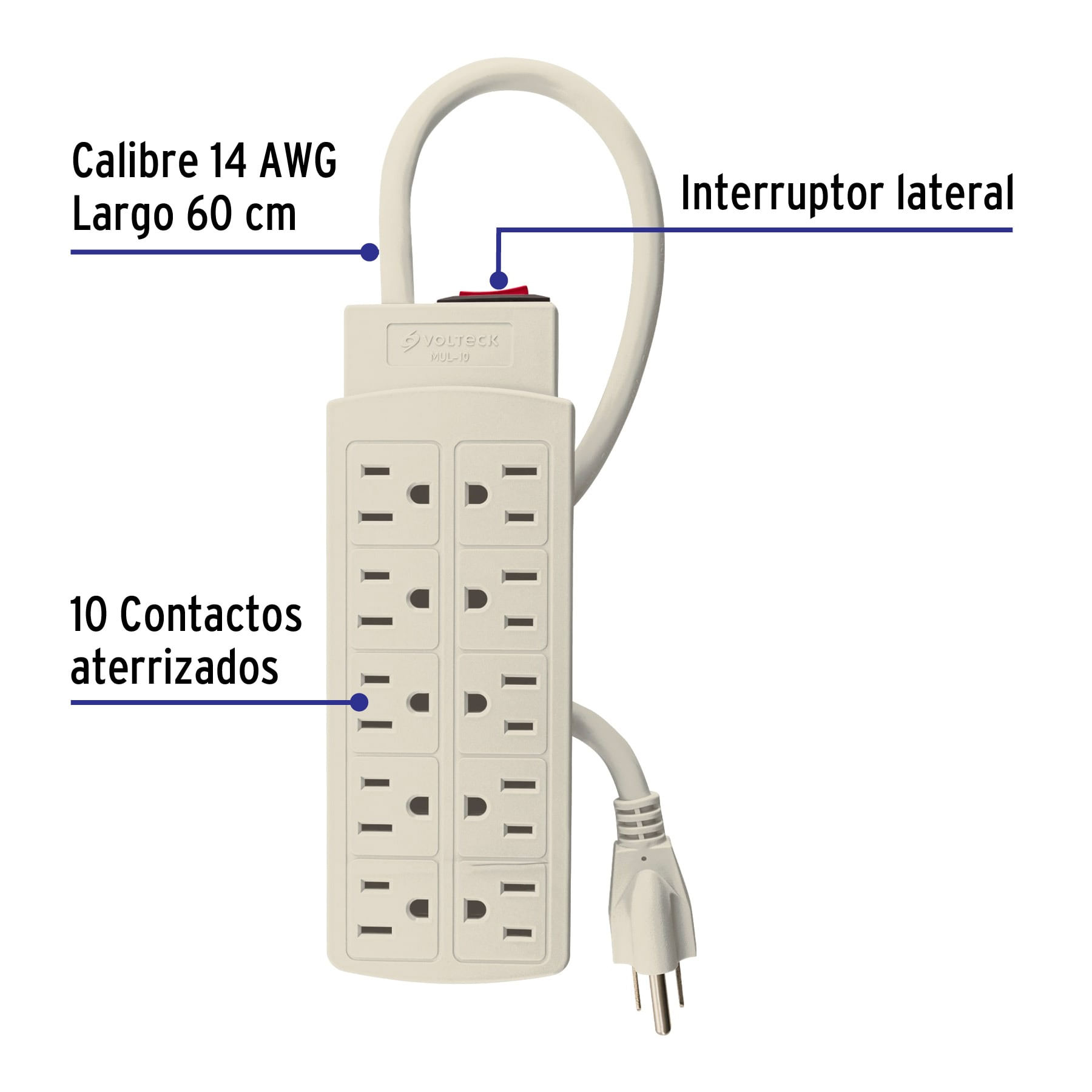 Regleta con 10 tomas aterrizadas y cable de 60 cm calibre 14 AWG para ...