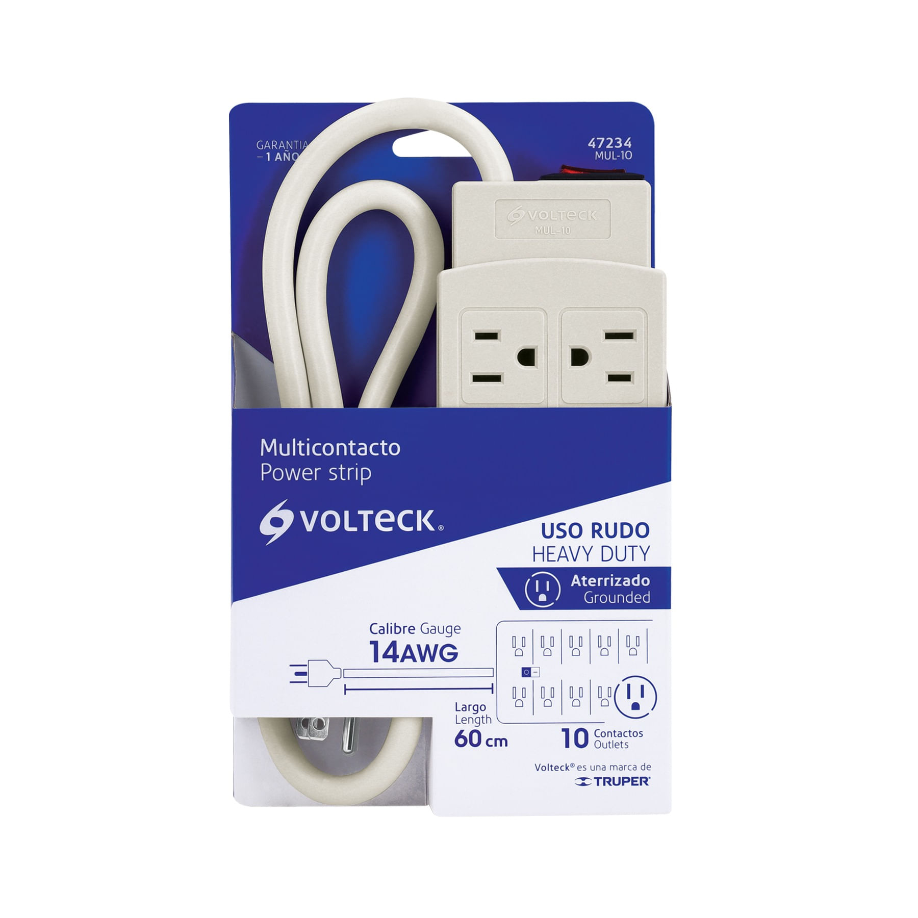 Regleta con 10 tomas aterrizadas y cable de 60 cm calibre 14 AWG para ...